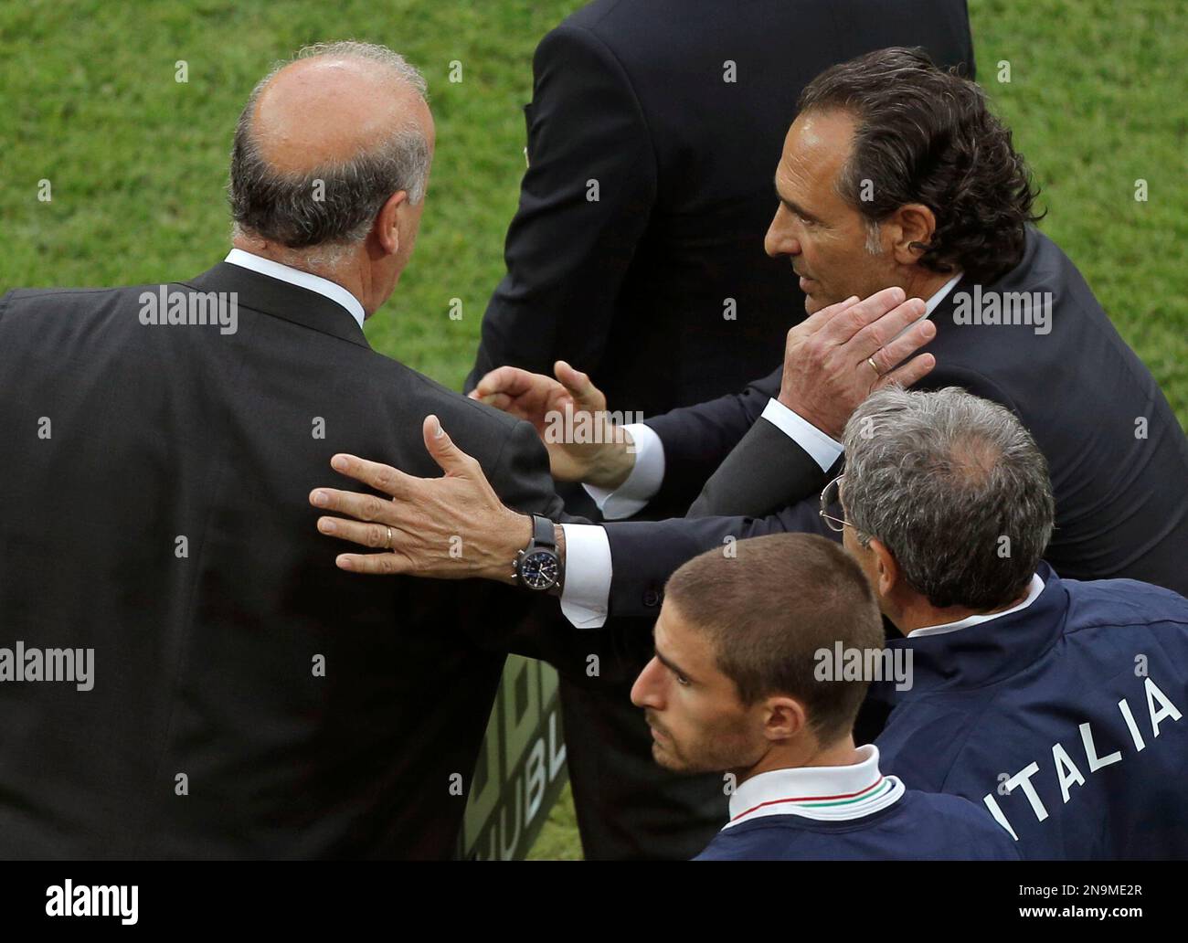 Italy coach Cesare Prandelli, right, greets Spain head coach Vicente ...