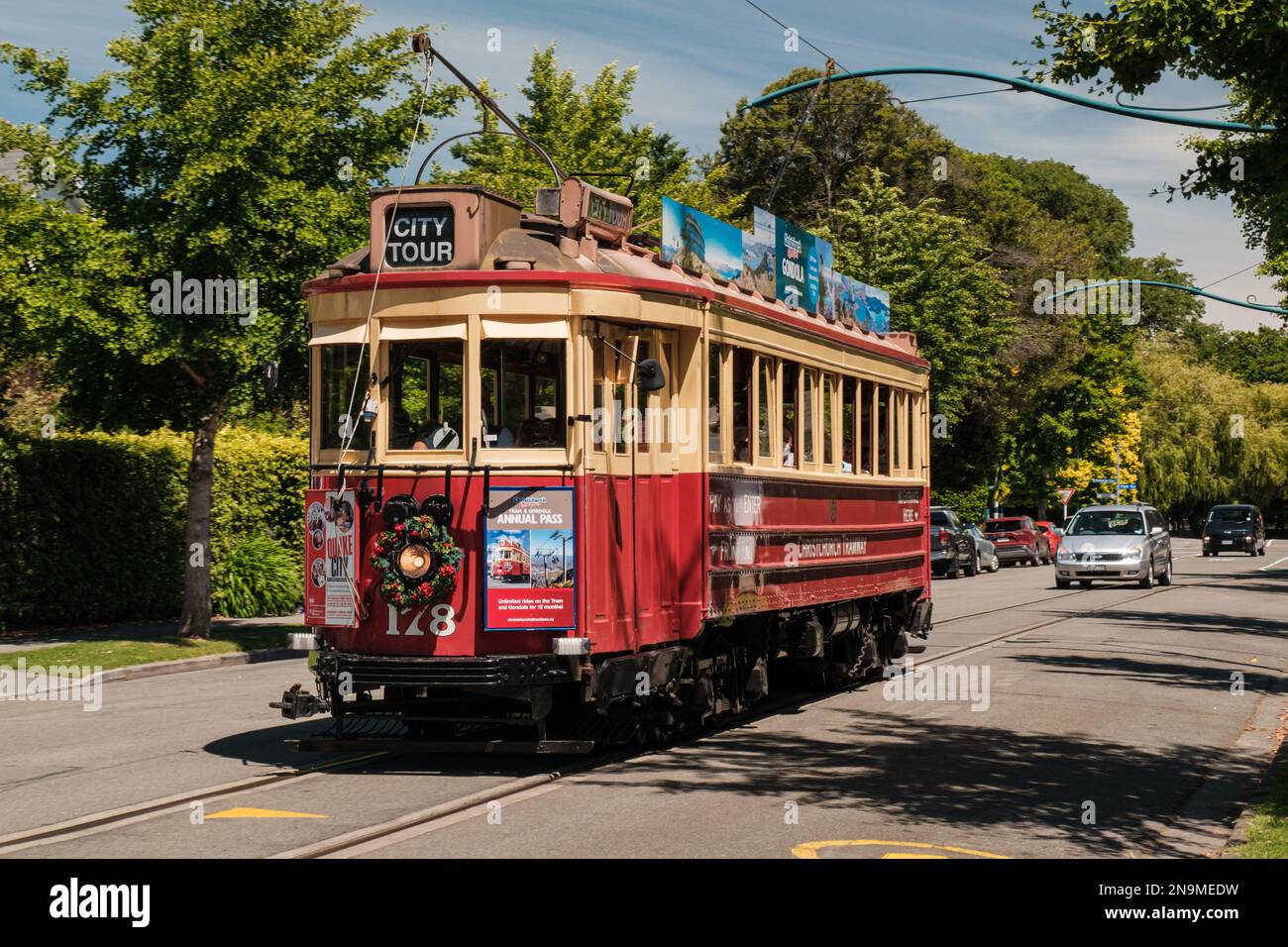 Christchurch, New Zealand - December 25th 2022: A heritage tram passes ...