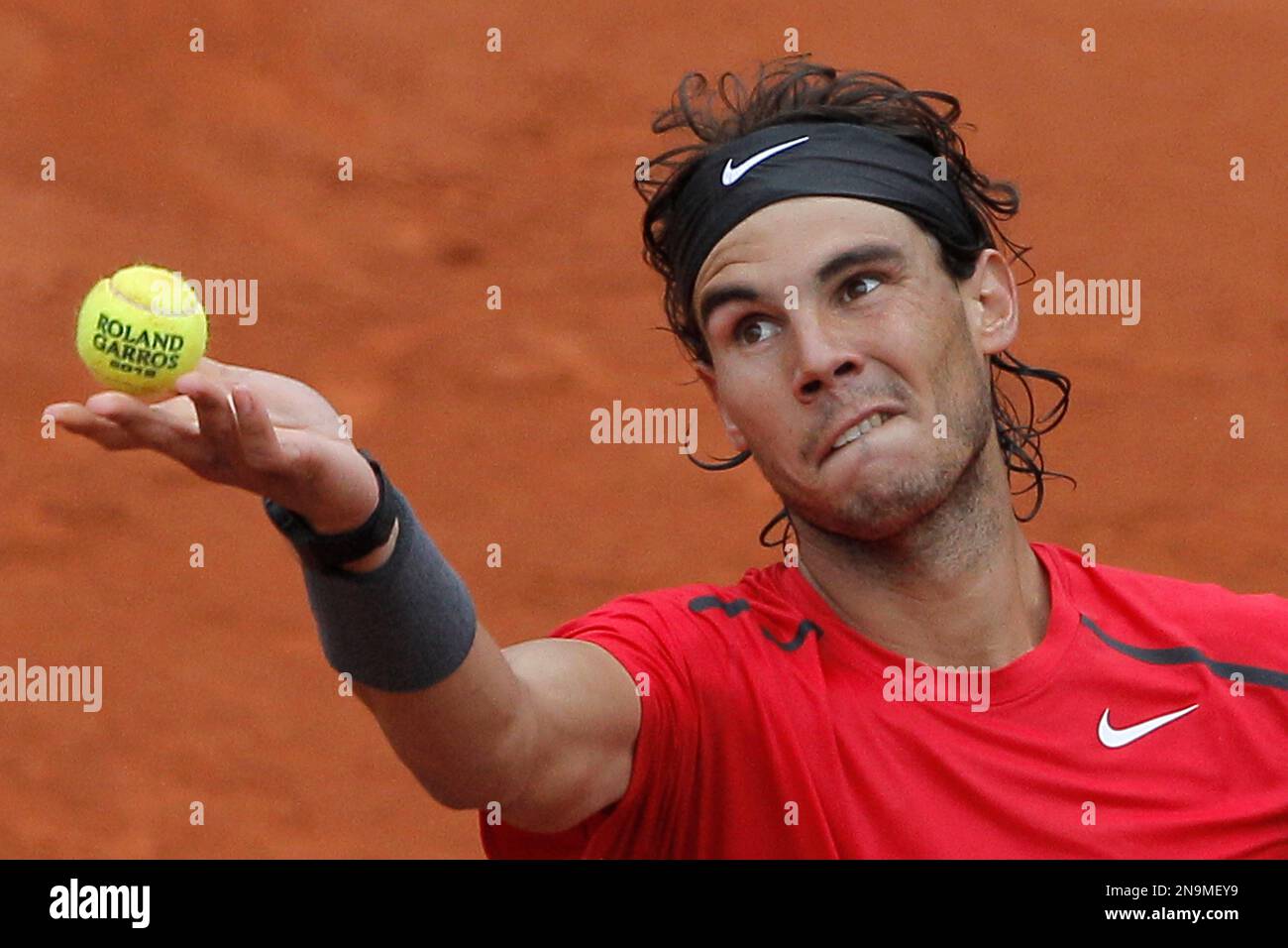Rafael Nadal of Spain serves in the mens final match against Novak ...