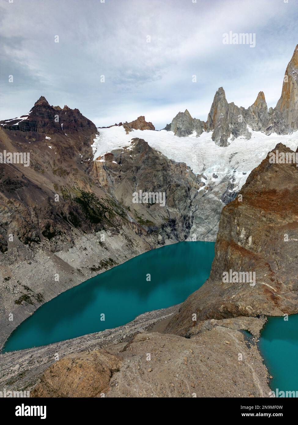 Aerial view of the stunning Laguna de los Tres and Laguna Sucia with ...