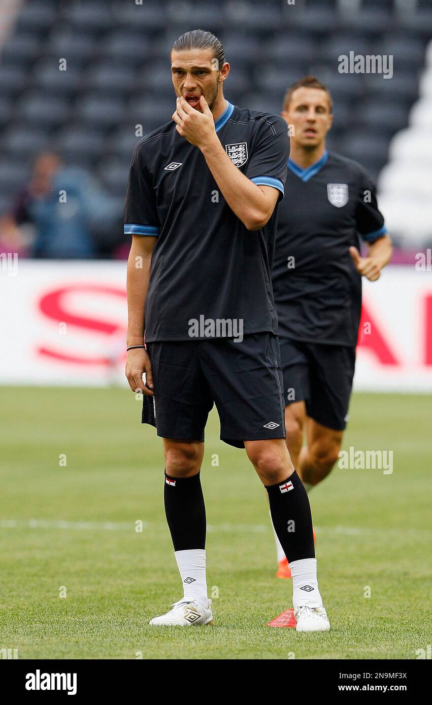England's soccer player Andy Carroll looks on during a training session ...