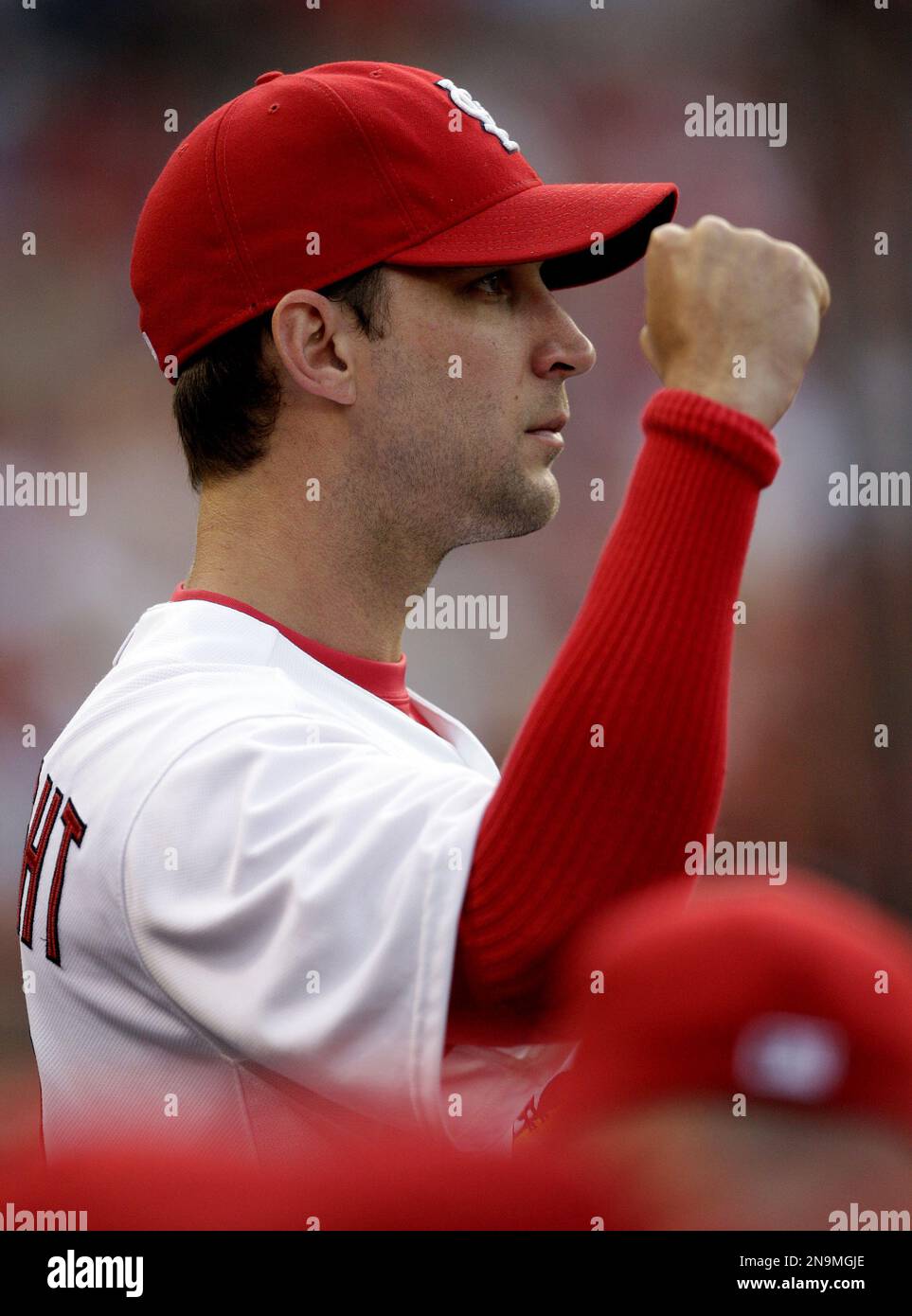 St. Louis Cardinals pitcher Adam Wainwright cheers on his team from the ...
