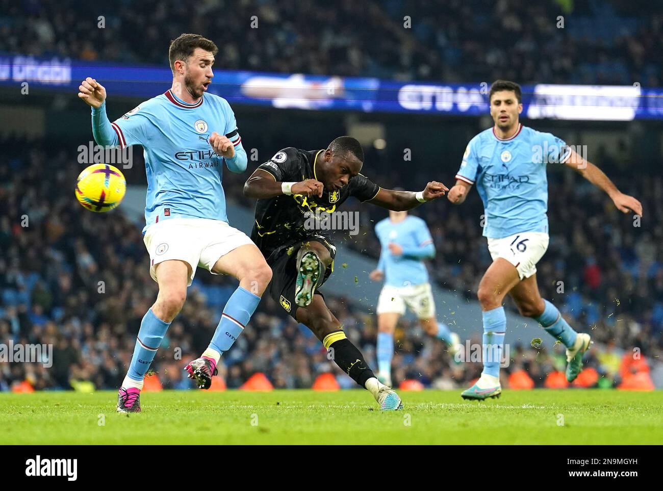 Aston Villa's Jhon Duran (centre) attempts a shot on goal which hits ...