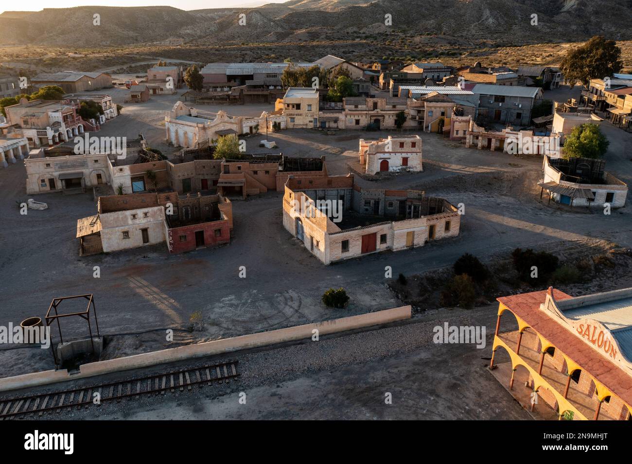 Drone view of the western town Fort Bravo in the Tabernas desert ...
