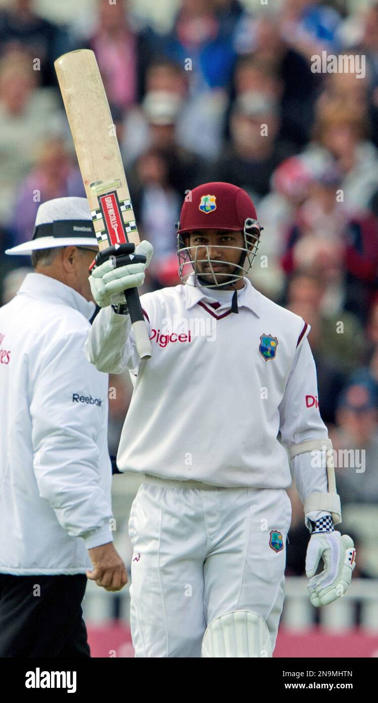 West Indies' Denesh Ramdin reaches his 50 during the 3rd day of the ...