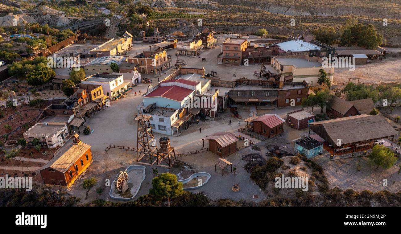 Drone view of the western town mini Hollywood in the Tabernas desert ...