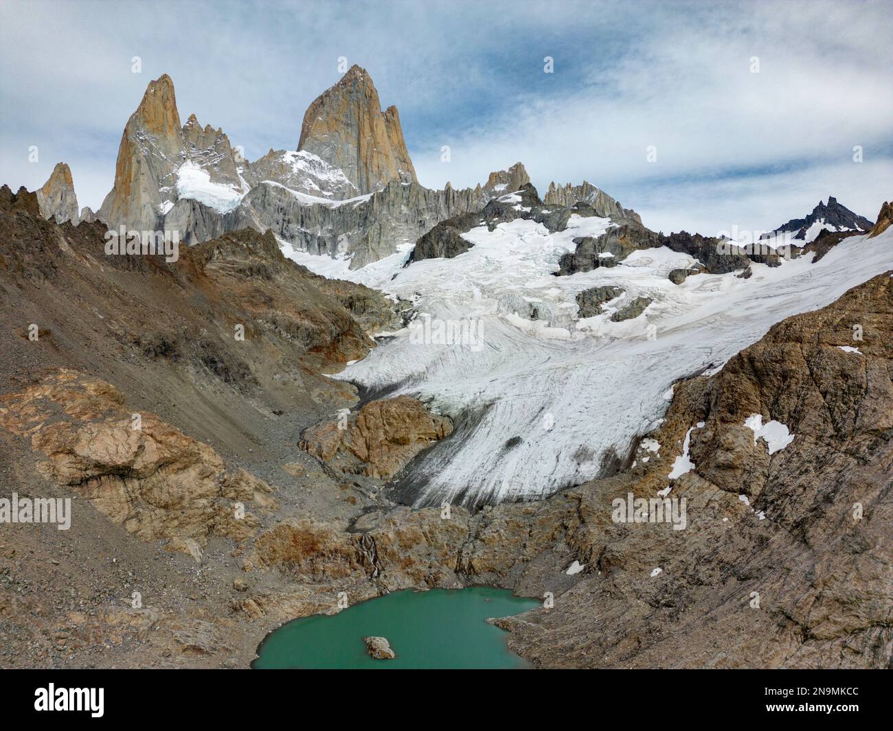 Aerial view of the stunning Mount Fitz Roy landscape with icefields and ...