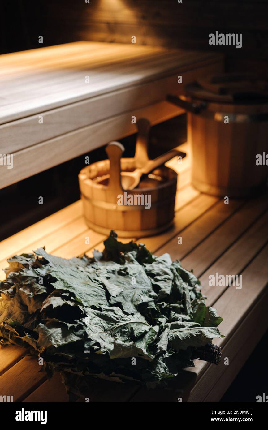 Close-up of various sauna accessories in a wooden sauna. Finnish sauna ...