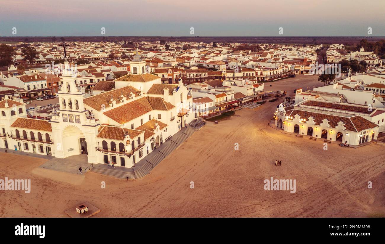 Aerial view of the town of El Rocio and the Sanctuary of Our Lady of ...