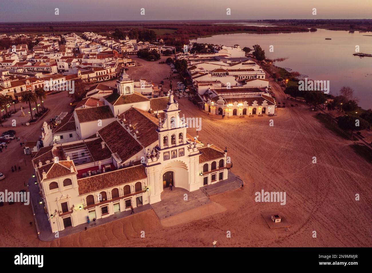 Aerial view of the town of El Rocio and the Sanctuary of Our Lady of ...