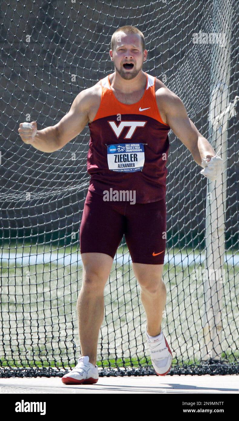 Virginia Tech's Alexander Ziegler reacts after his throw in the men's ...