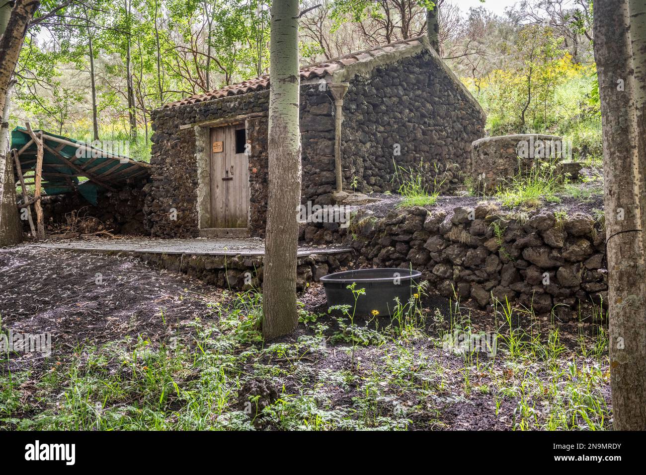 The mountain hut Rifugio Dagala del Picchio (woodpecker), built of lava ...