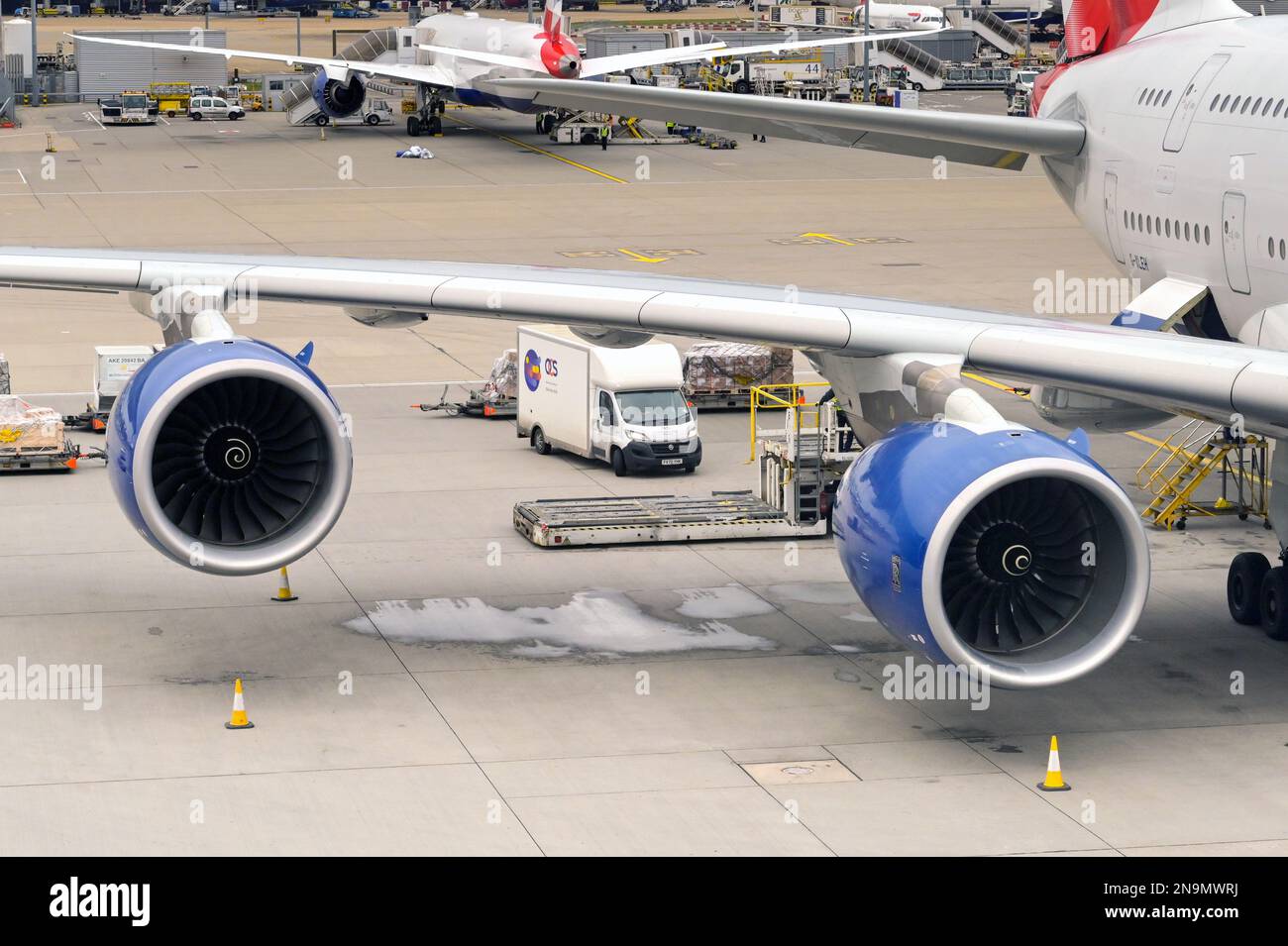 London, United Kingdom - February 2023: Large jet engines on the wing ...
