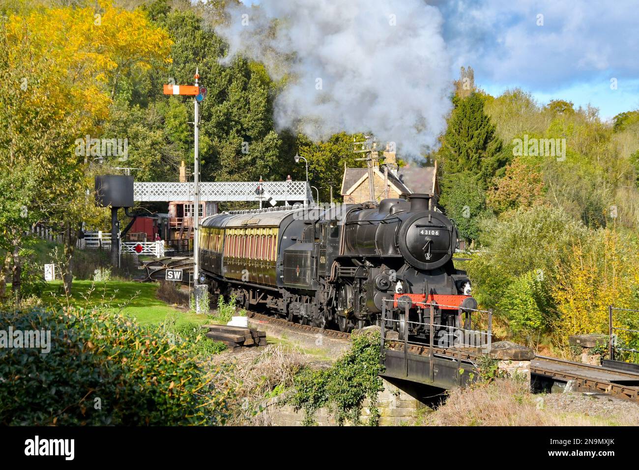 Highley, Shropshire, UK - October 2021L Vintage steam engine pulling a ...