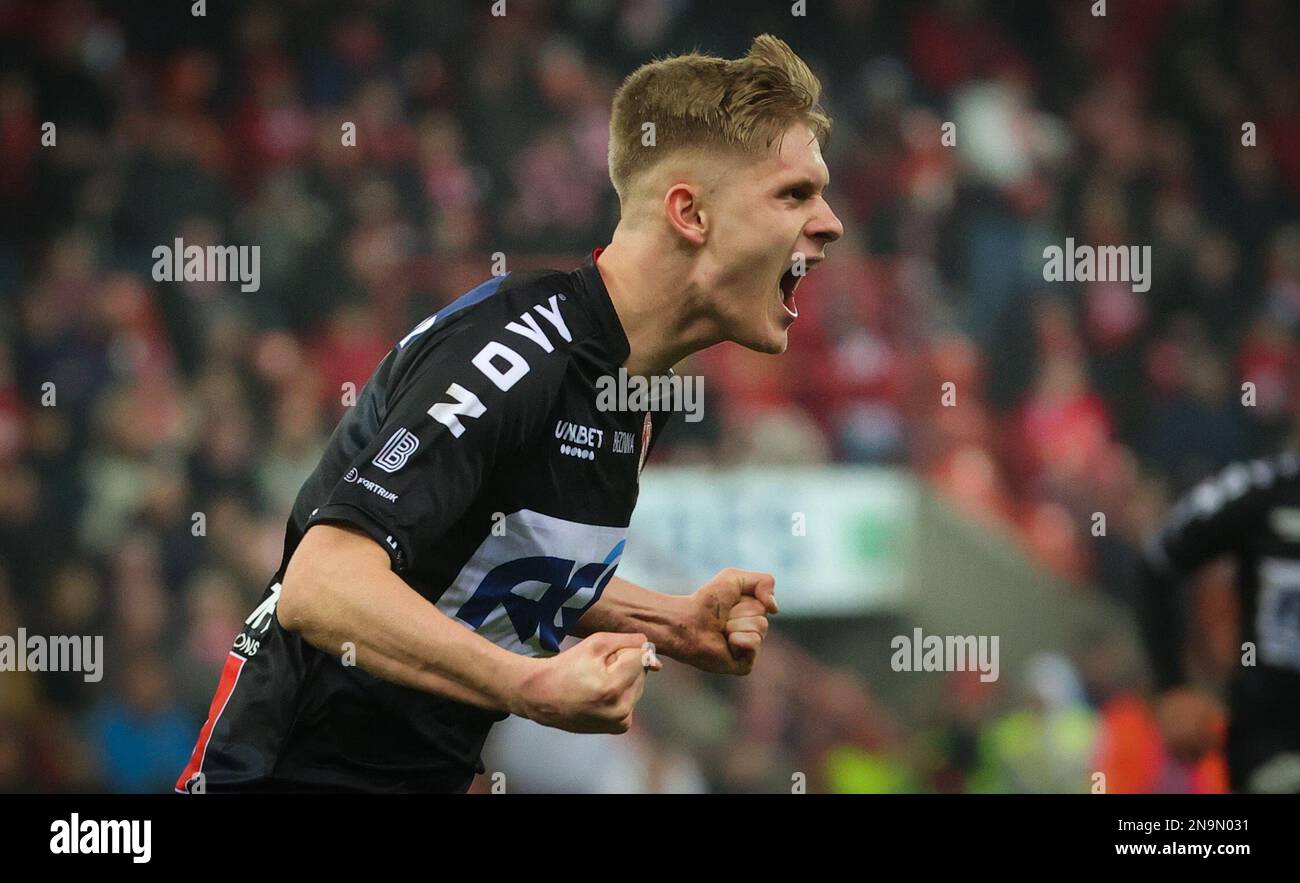 Kortrijk's Martin Jean Wasinski celebrates after scoring during a ...
