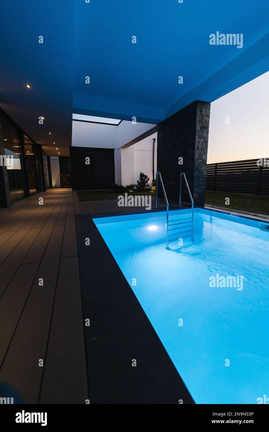 Plunge pool with cold water preparing after relaxing in sauna. Pool is ...