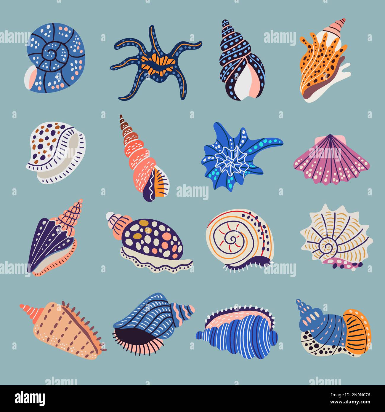Seashell. Ornamental stylized illustrations of marine symbols doodle ...