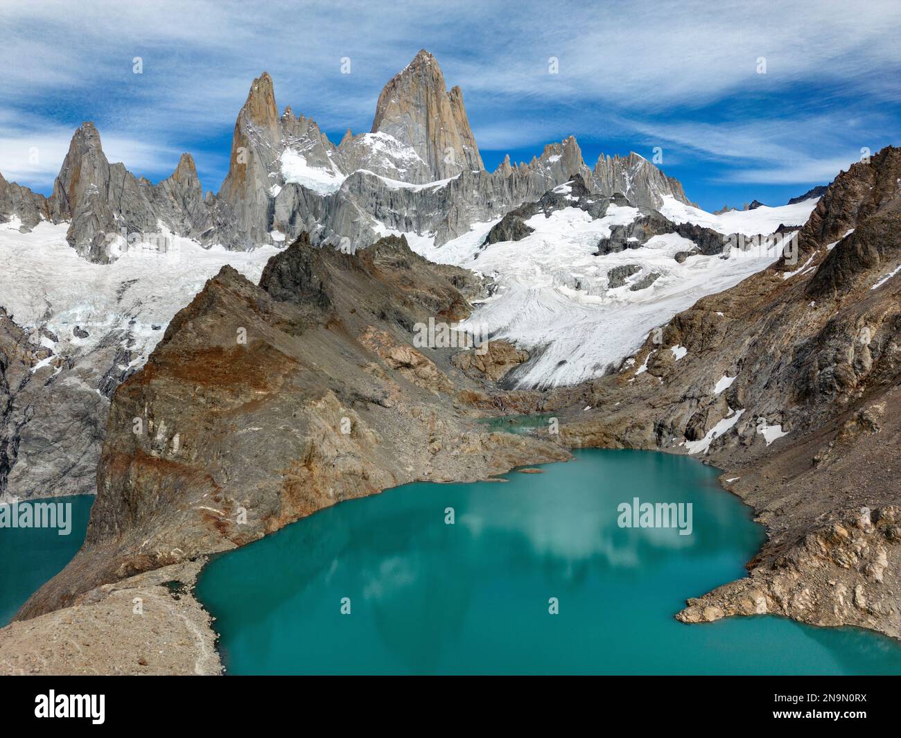 Aerial view of the stunning Laguna de los Tres and Laguna Sucia with ...