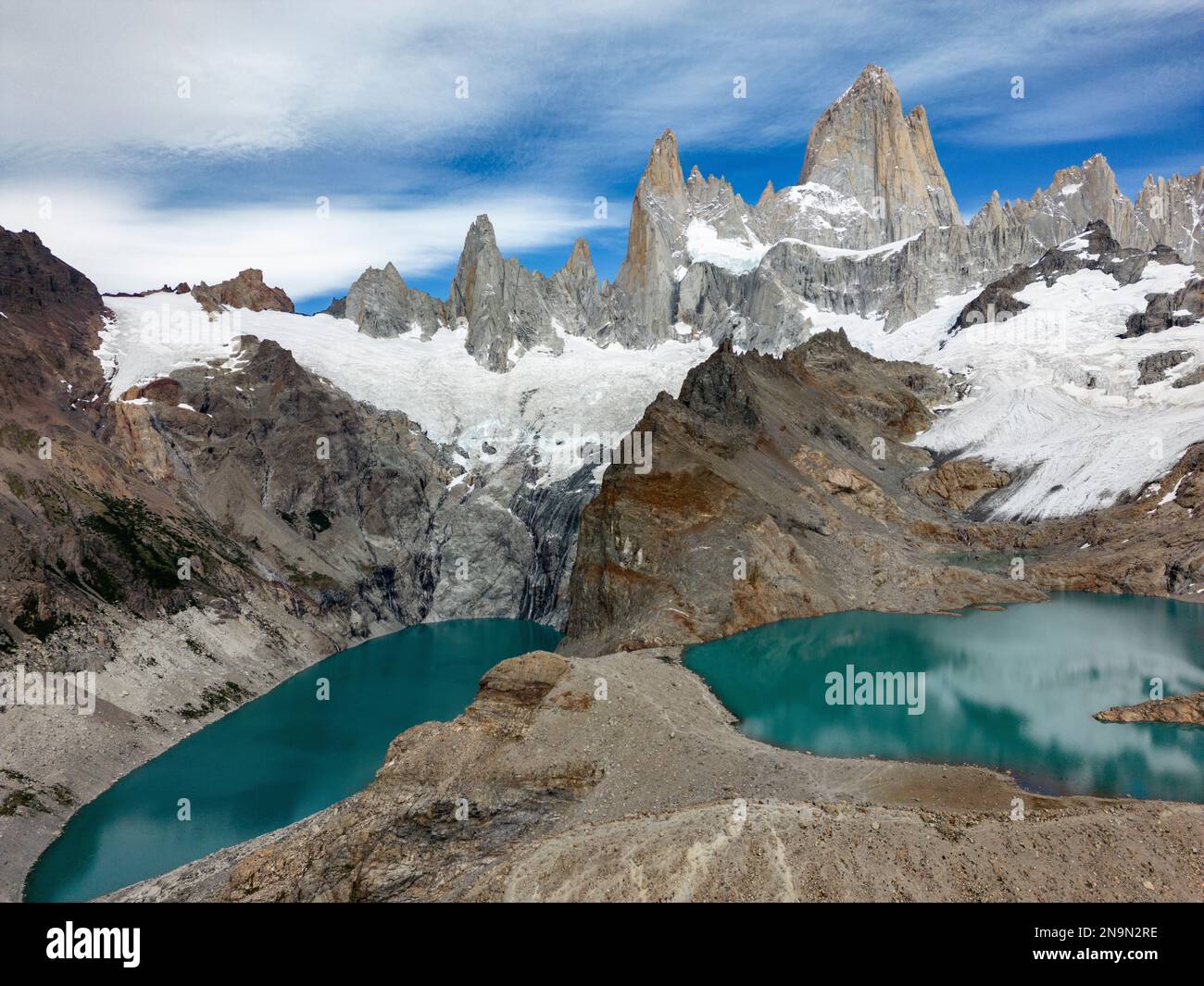 Aerial view of the stunning Laguna de los Tres and Laguna Sucia with ...