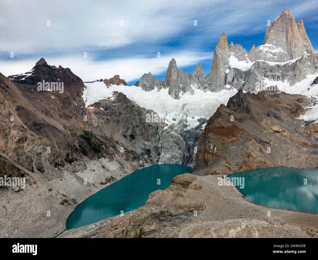 Aerial view of the stunning Laguna de los Tres and Laguna Sucia with ...