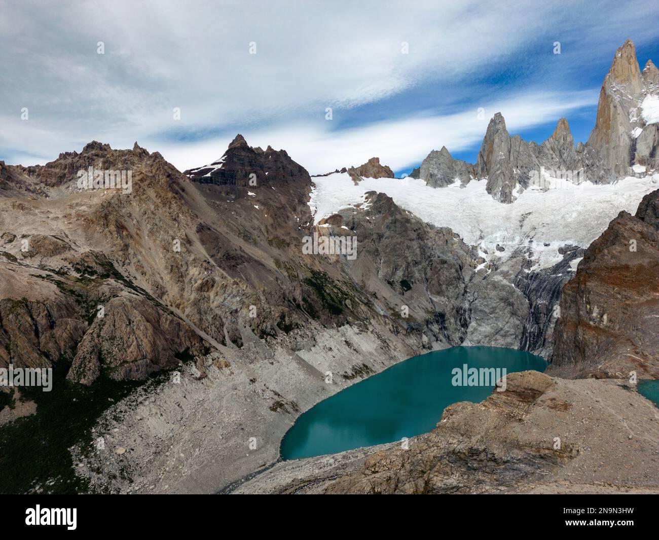 Aerial view of the stunning Laguna Sucia besides Laguna de los Tres ...