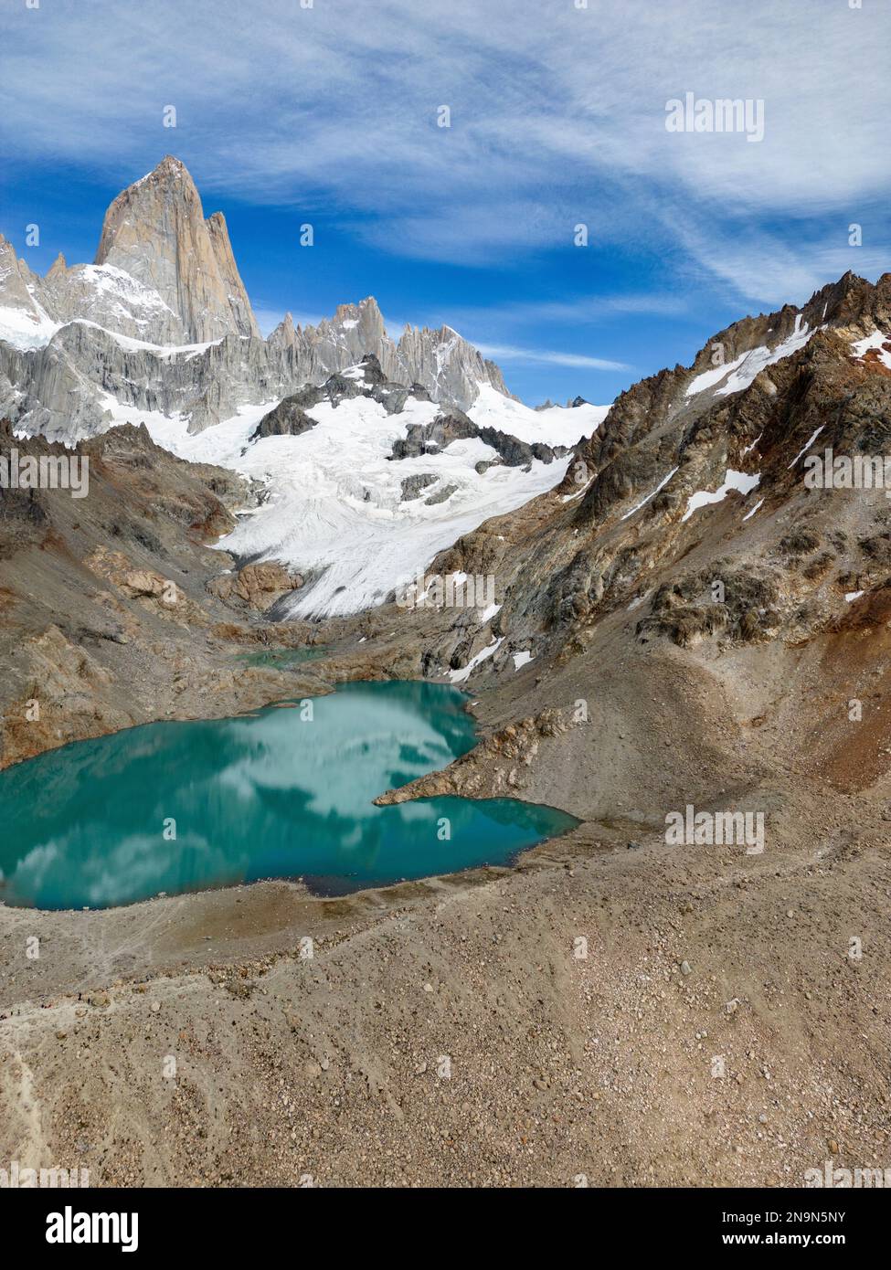 Aerial view of the stunning Laguna de los Tres with its turquoise ...