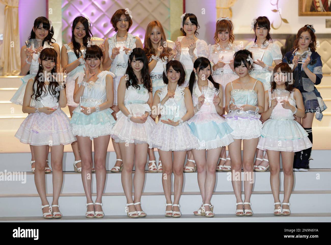 Japan’s all-girl pop idol group AKB48 member Yuko Oshima, front row ...