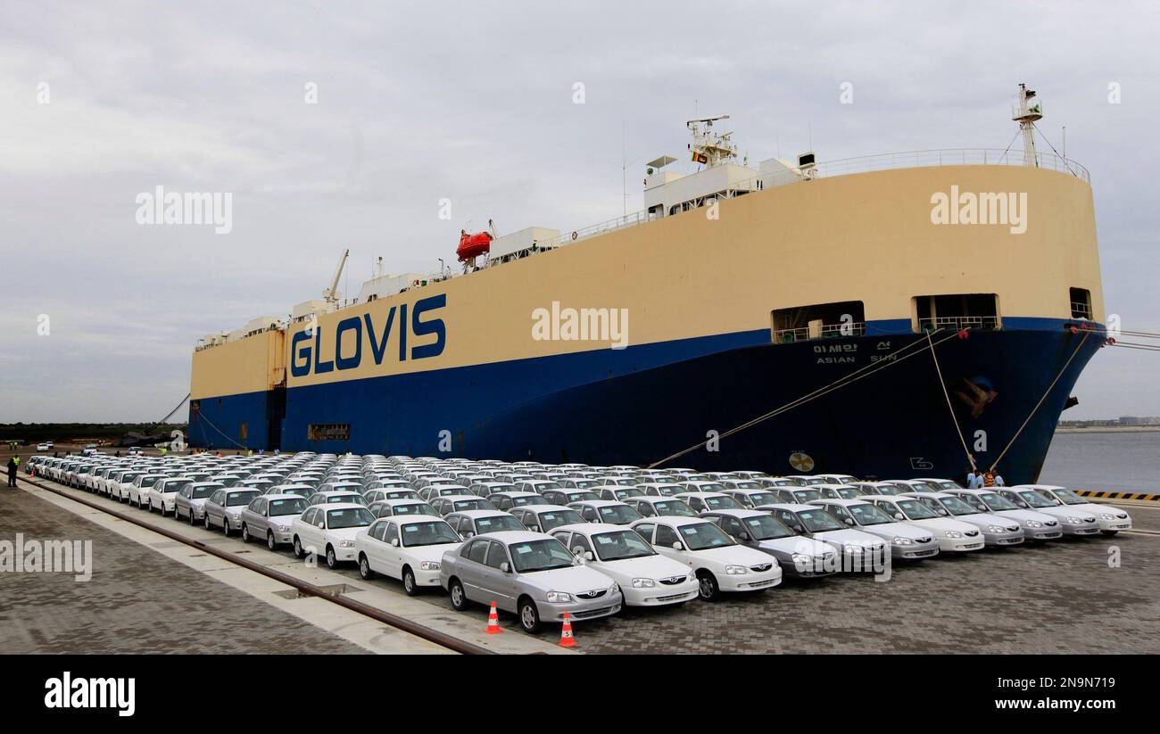 Hyundai cars manufactured in India are parked after being unloaded from ...
