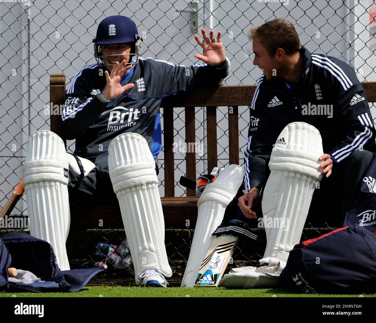 England's Graeme Swan, left, shares a joke with Stuart Broad during a ...