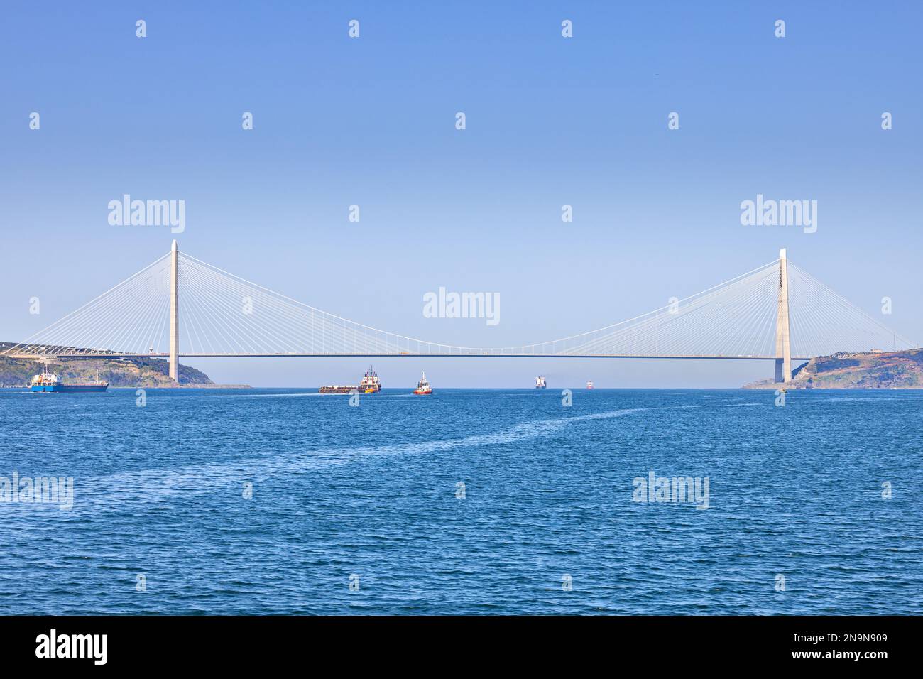 Naval traffic crossing under the Yavuz Sultan Selim Bridge. The north ...