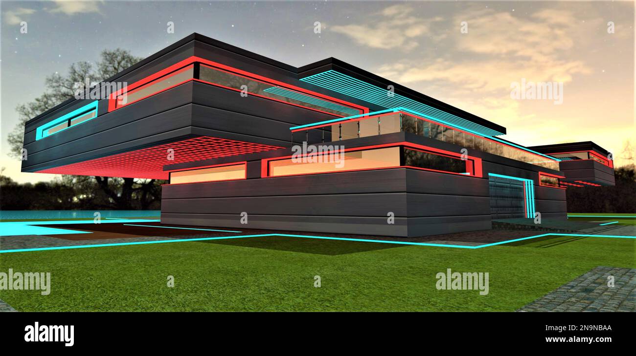 Turquoise and red illumination of the backyard facade of the modern ...