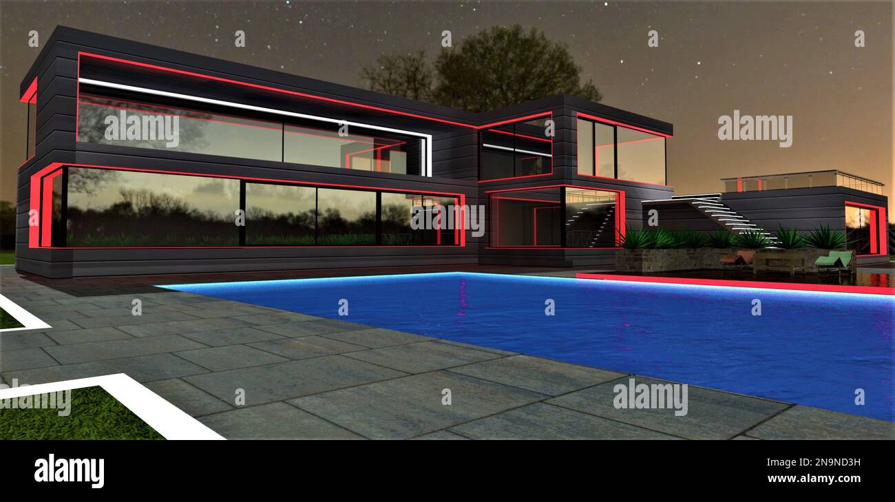 Cozy pool side at night under the starry sky. Modern middle class ...