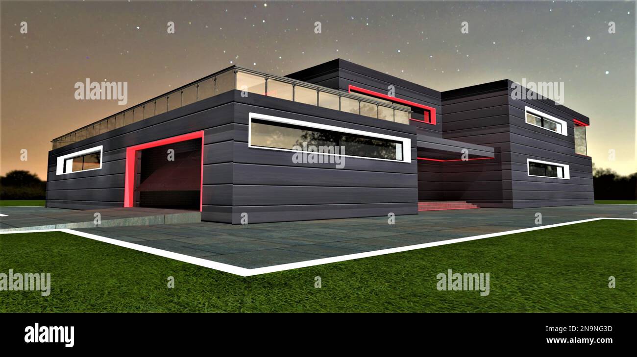 Night view of the modern suburban warehouse with LED exterior ...