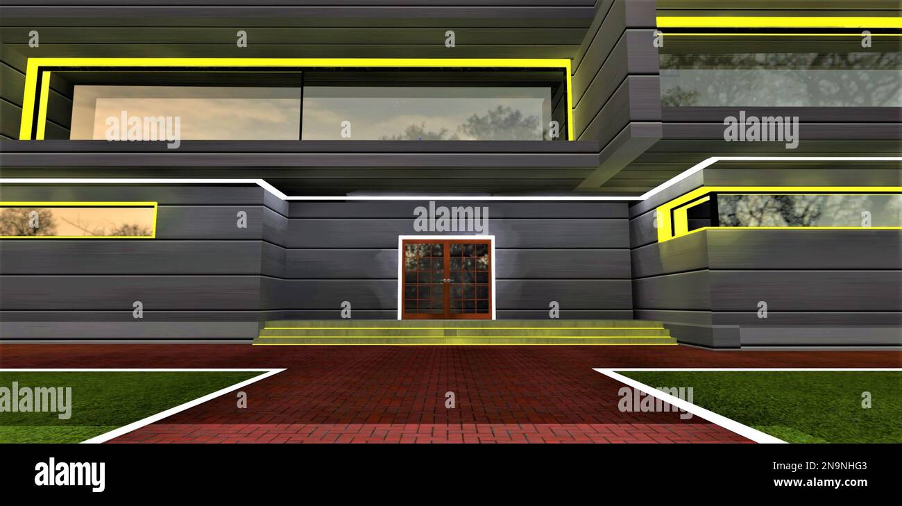 Entrance to an apartment building with aluminum facade. Decorative ...