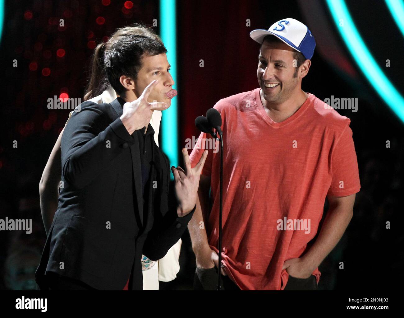 From left, Andy Samberg, Leighton Meester and Adam Sandler onstage at ...