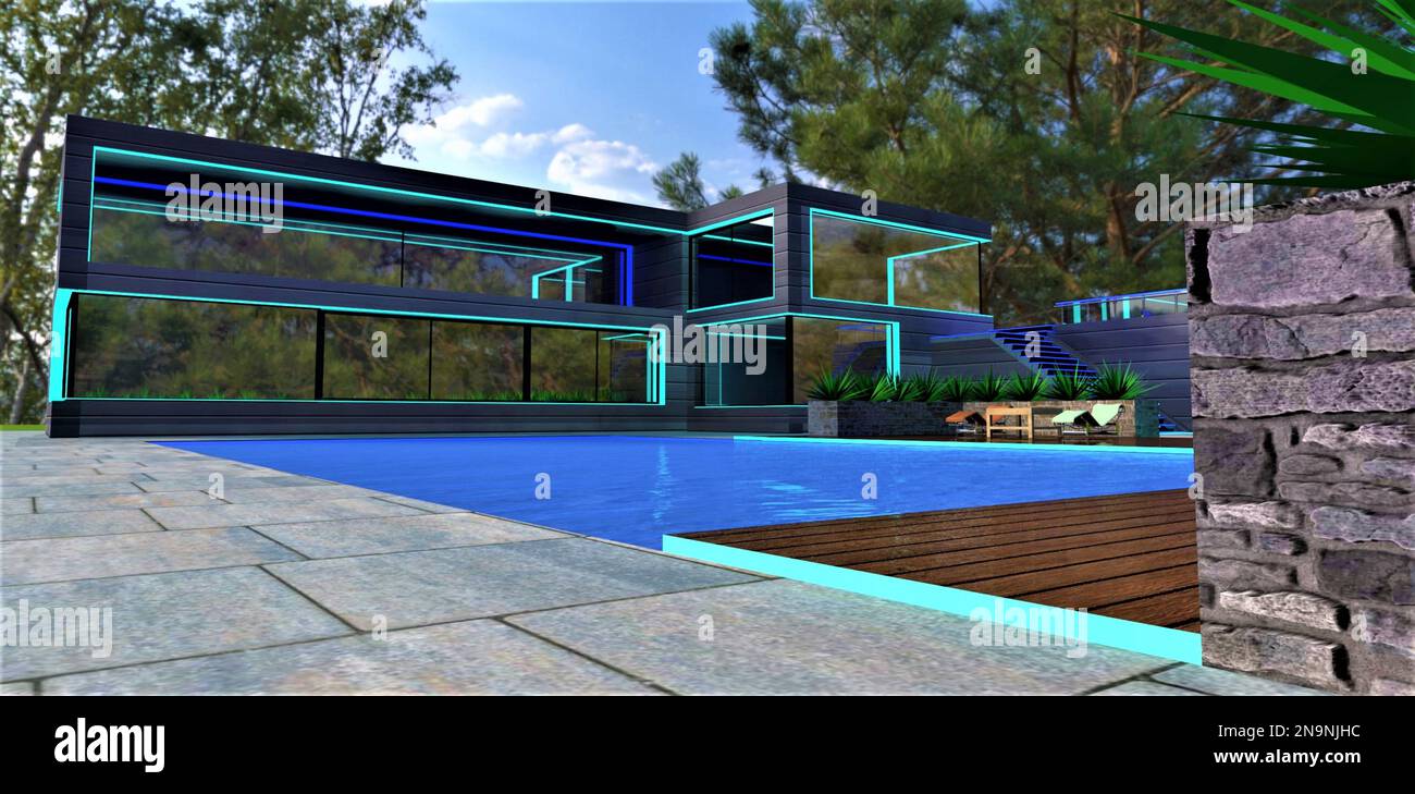 Design of the cozy house yard with pool in a pine forest. Square ...