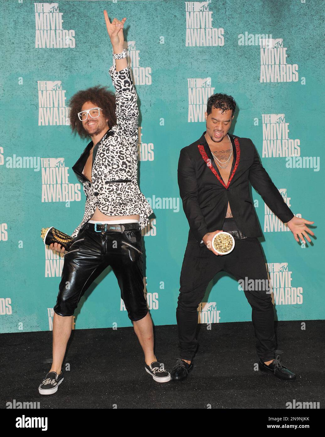 Musicians Red Foo, left, and Sky Blu of LMFAO backstage at the MTV ...