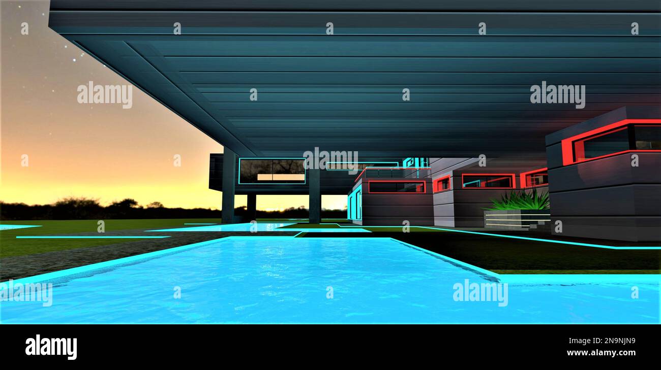 Console structure above the swimming pool with glowing surface on the ...