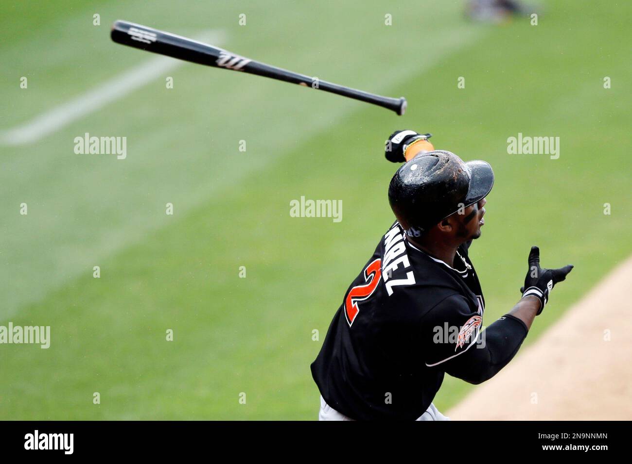 Miami Marlins' Hanley Ramirez loses his bat on a swing to strike out in ...