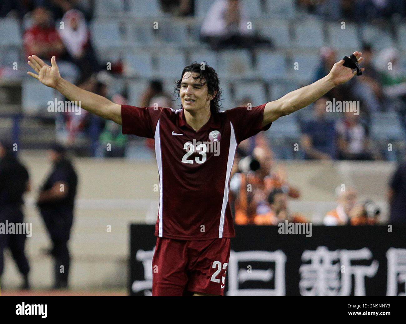 Qatar's Andreas Sebastian, celebrates after he scored his goal against ...