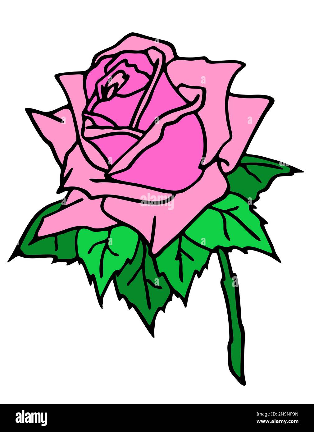 drawing rose branch with pink flower and leaves, isolated element ...