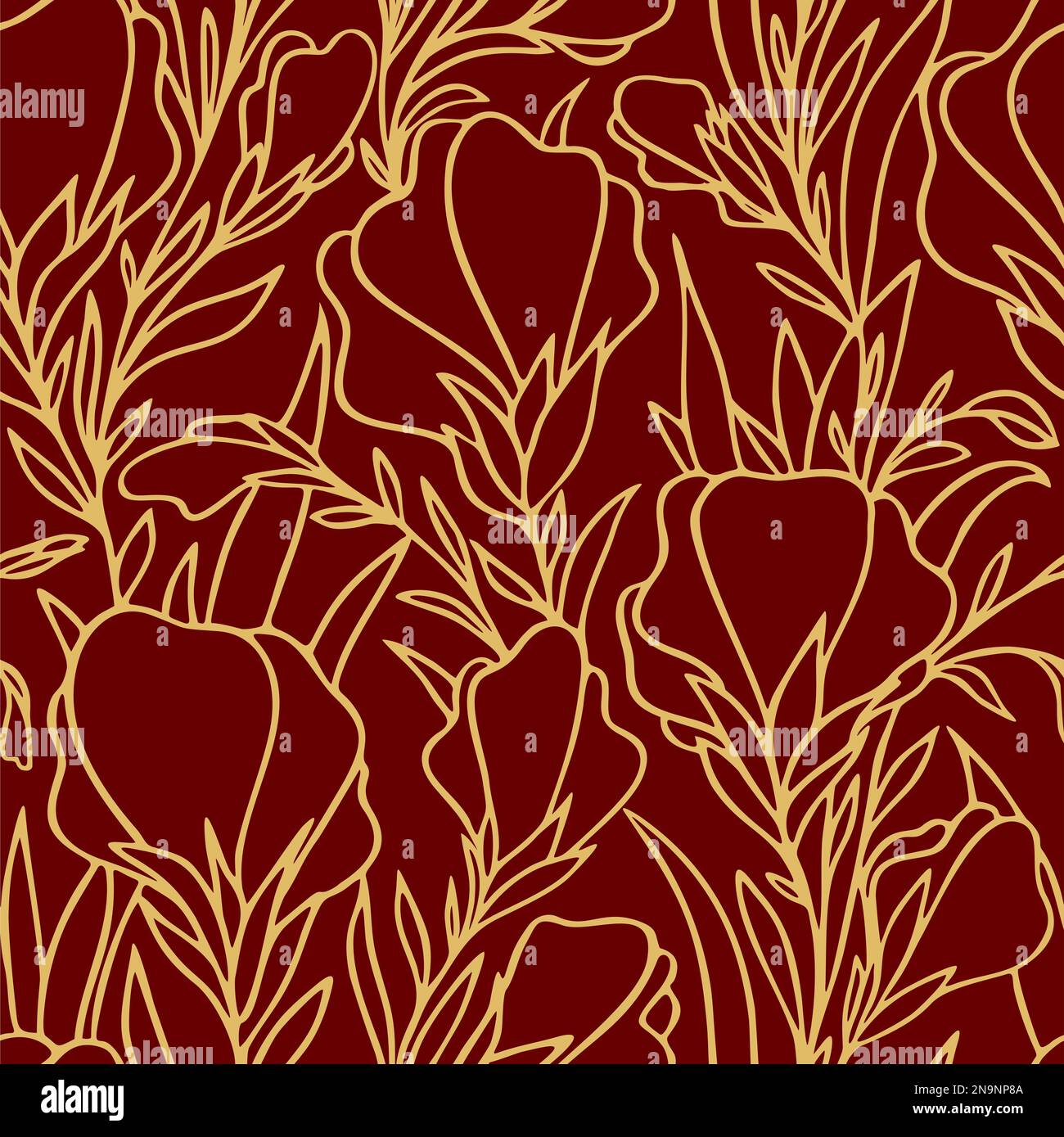 simple two-tone seamless pattern of golden large contours of flowers on ...