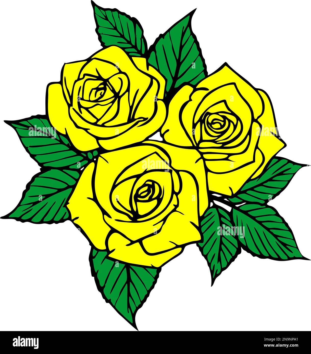 color drawing of a bouquet of three yellow roses with a black outline ...