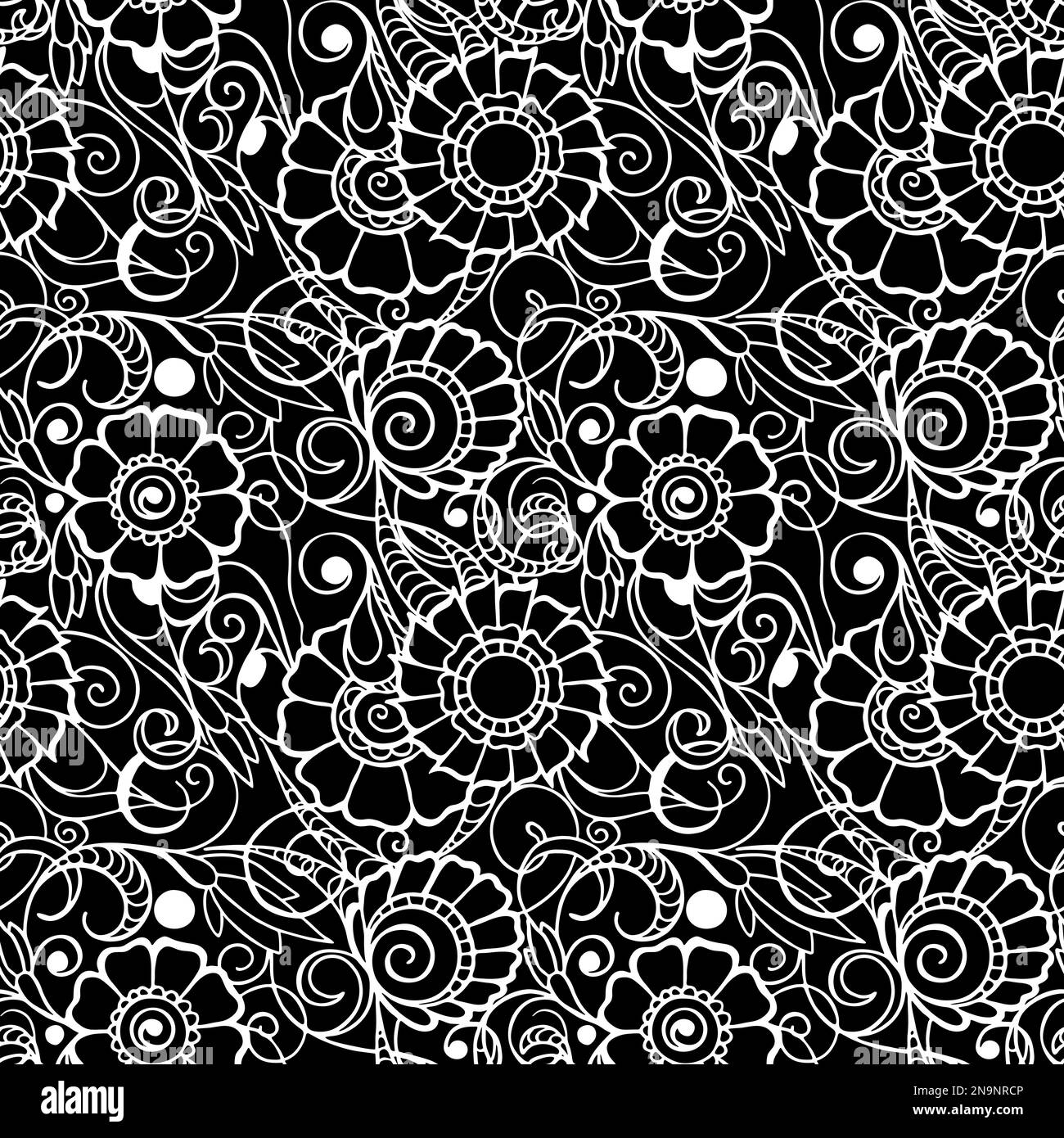 seamless contour pattern of large white graphic flowers on a black ...