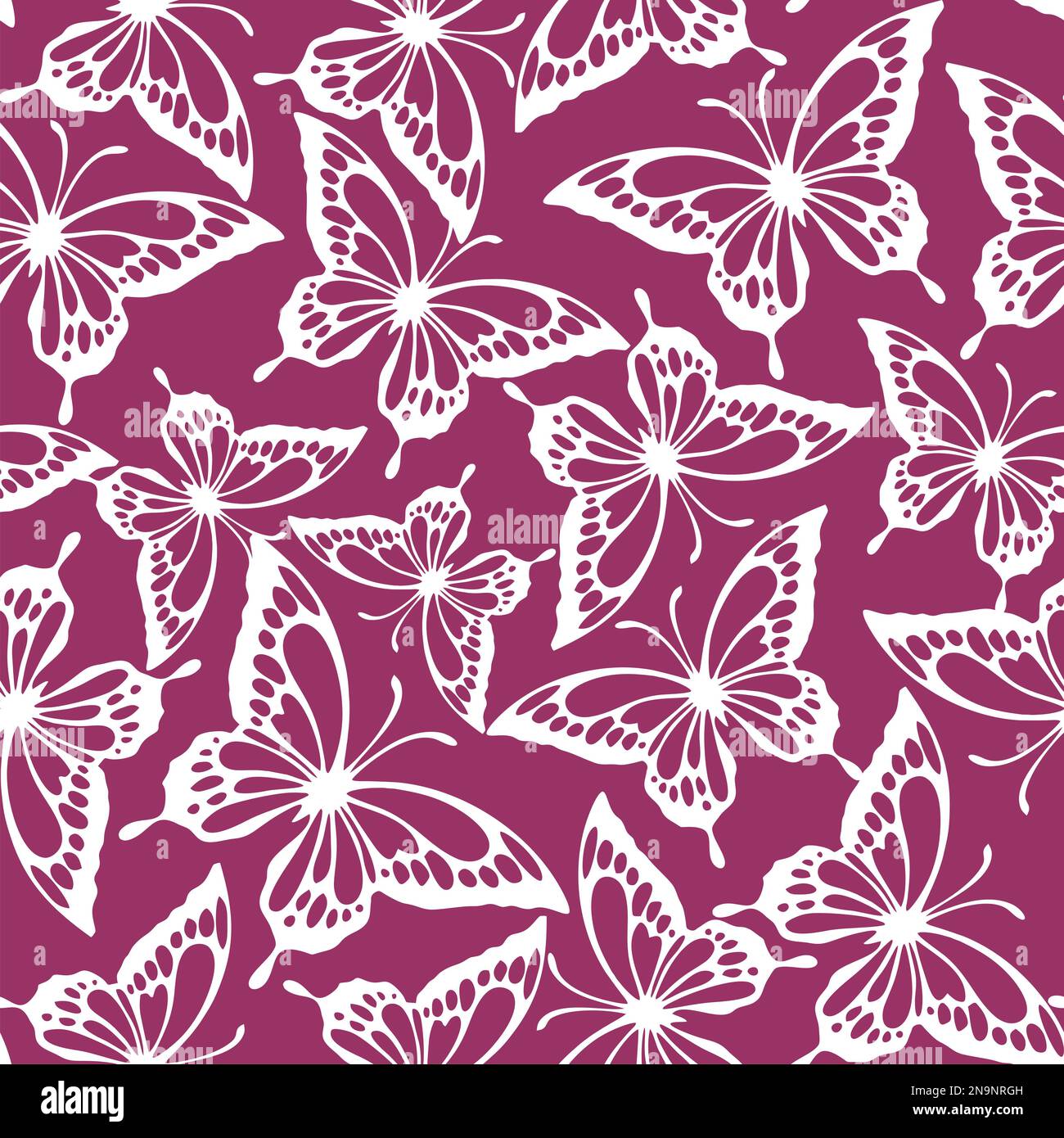 seamless pattern of white contours of butterflies on a purple ...