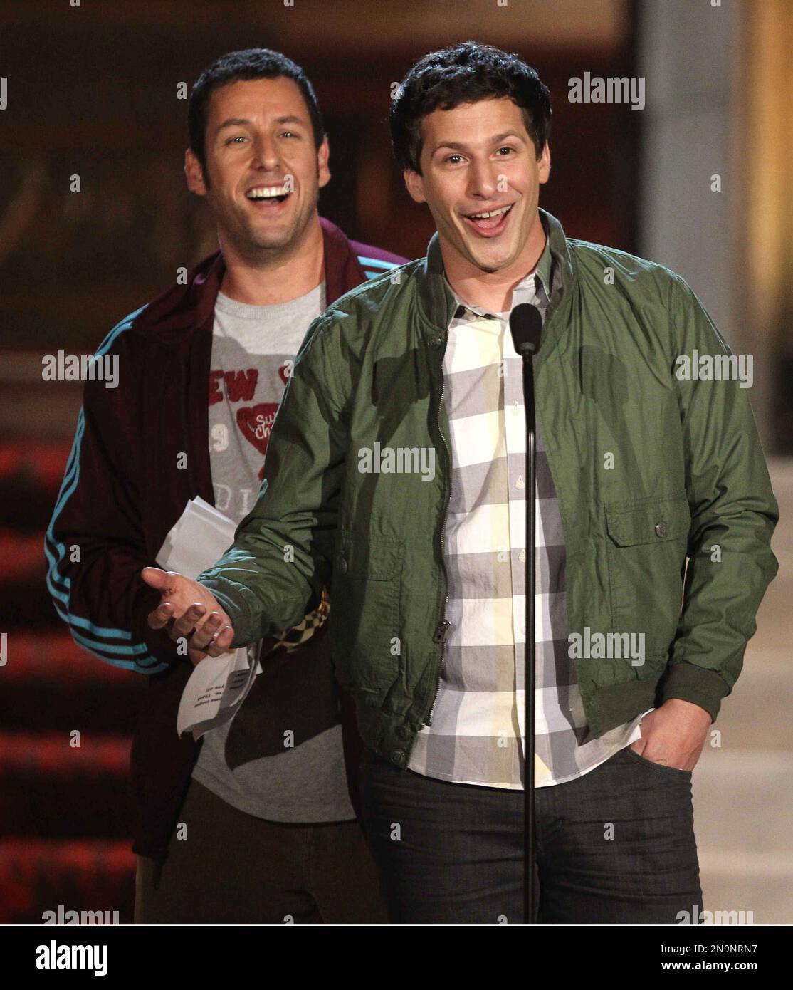 Andy Samberg, right, presents the brass balls award to Adam Sandler ...