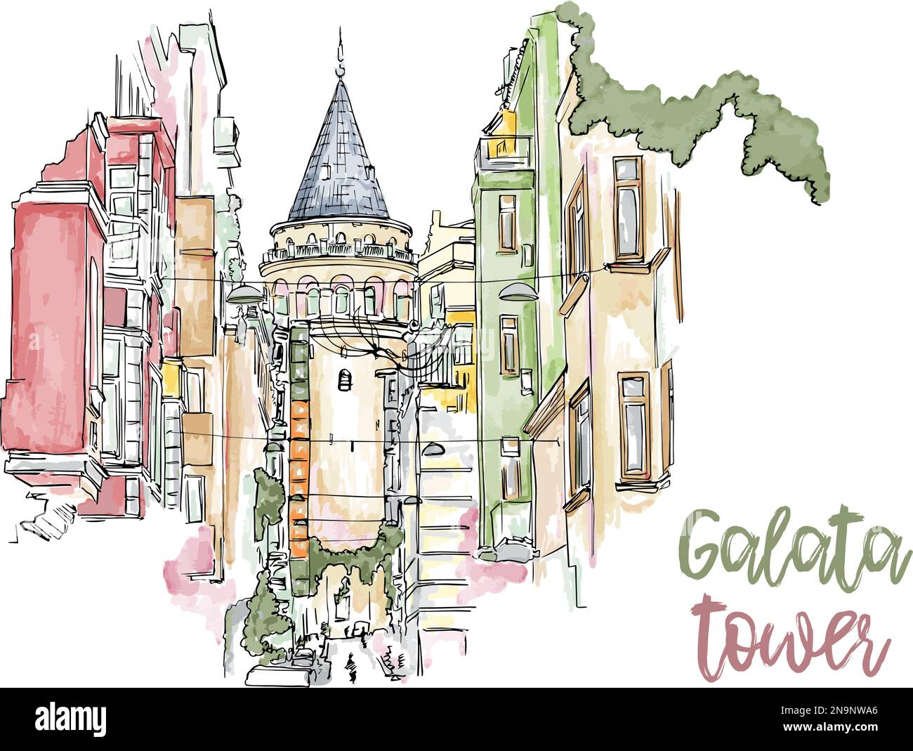 A hand drawn watercolor sketch of Galata Tower, Istanbul, Turkey. A ...