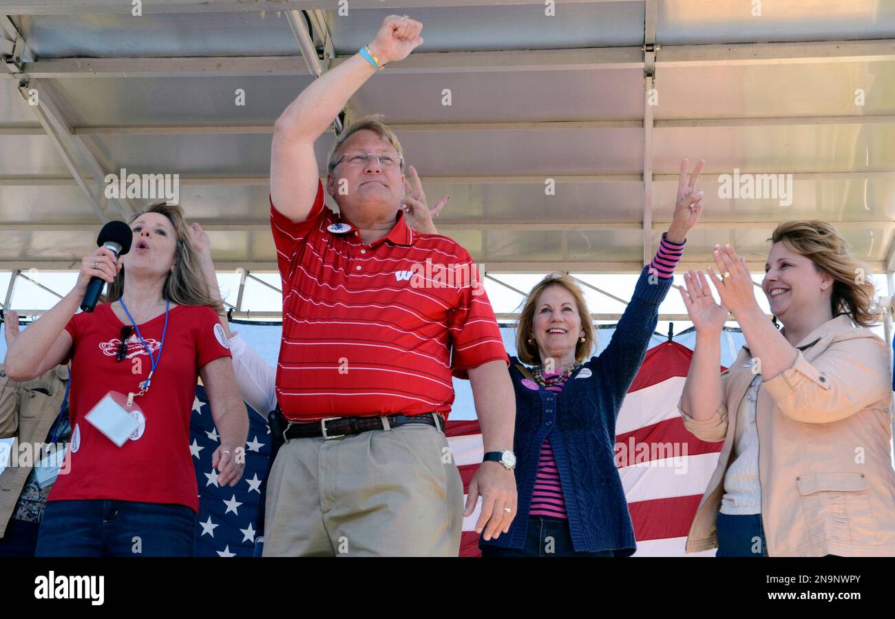 State Sen. Van Wanggaard, center, is joined on stage by state Sen ...