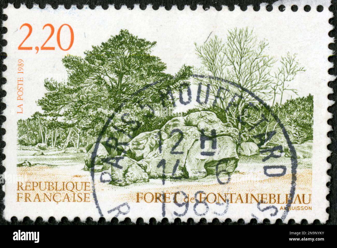 TIMBRE OBLITÉRÉ FORET DE FONTAINEBLEAU. RÉPUBLIQUE FRANÇAISE. LA POSTE ...