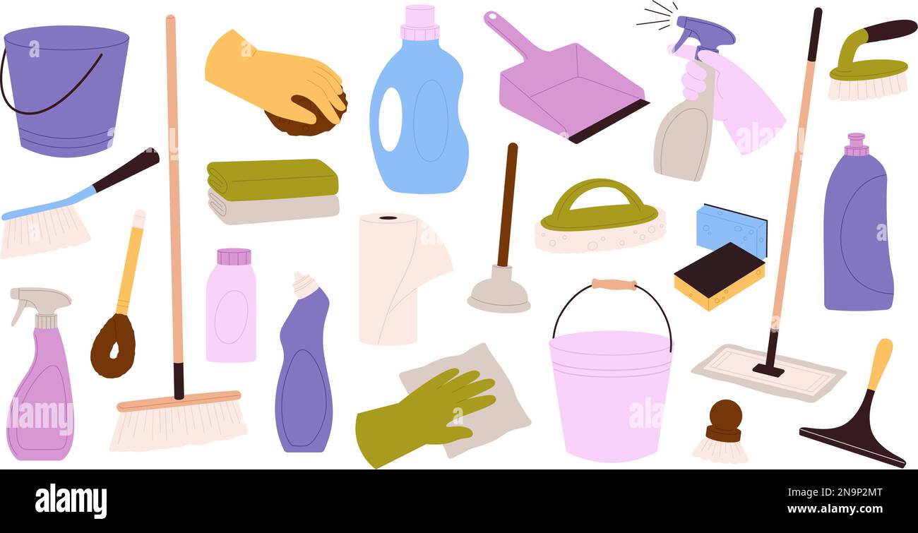 Cleaning set, supplies and dustpan broom. Equipment object for clean ...